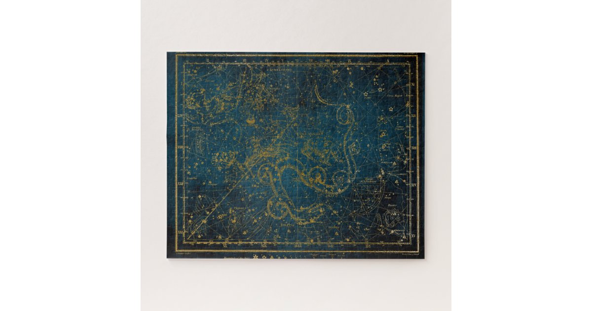 Vintage Illustrated Dark Blue & Gold Star Map Jigsaw Puzzle | Zazzle