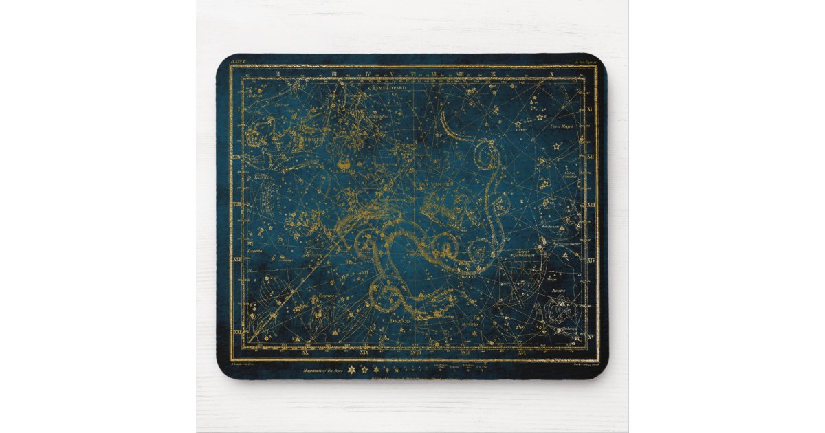 Vintage Illustrated Dark Blue & Gold Star Map Mouse Pad | Zazzle