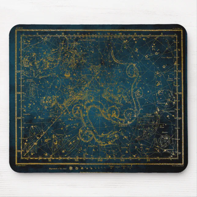 Vintage Illustrated Dark Blue & Gold Star Map Mouse Pad | Zazzle