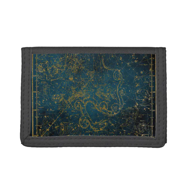 Vintage Illustrated Dark Blue & Gold Star Map Trifold Wallet | Zazzle