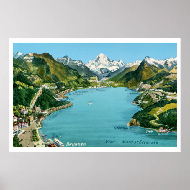 Vintage illustrated map Lake Lucerne Poster | Zazzle