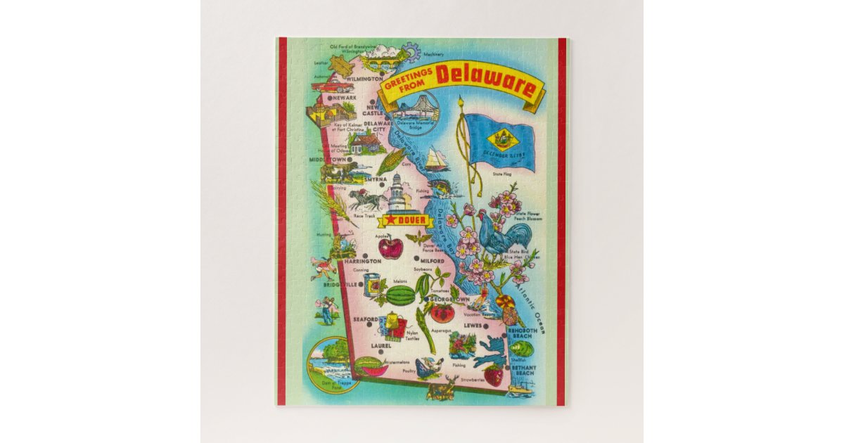 Vintage Illustrated Map of Delaware Jigsaw Puzzle | Zazzle