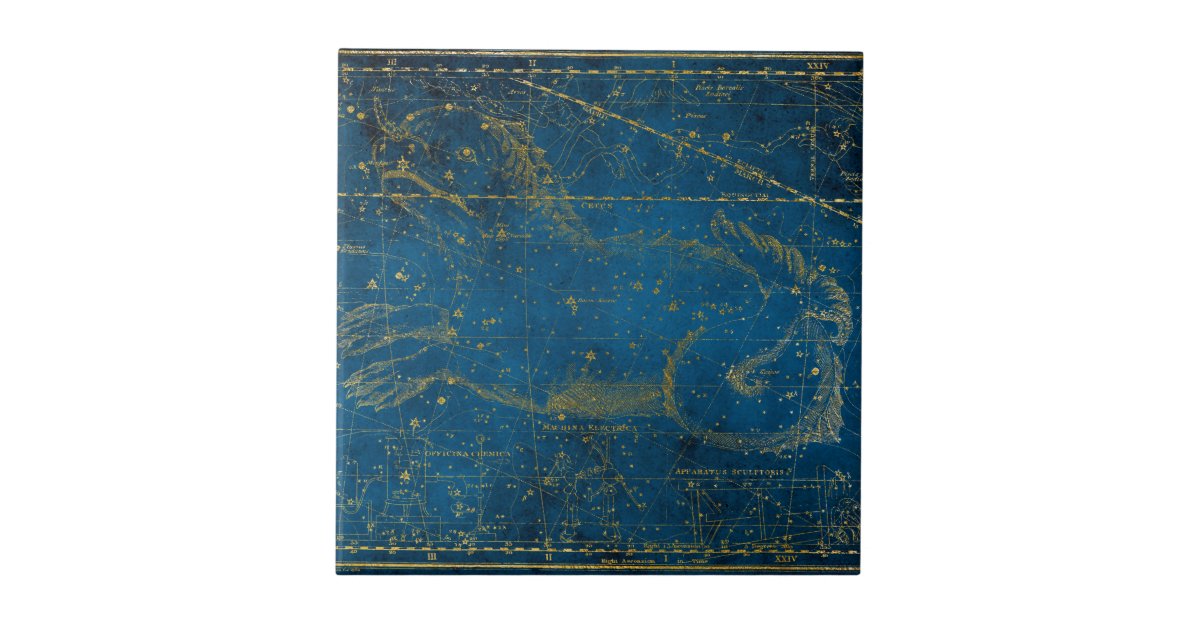 Vintage Illustrated Mid Blue & Gold Star Map Ceramic Tile | Zazzle
