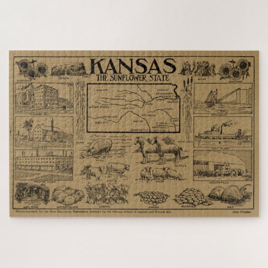 Vintage Illustrative Map of Kansas (1912) - Tan Jigsaw Puzzle | Zazzle.com