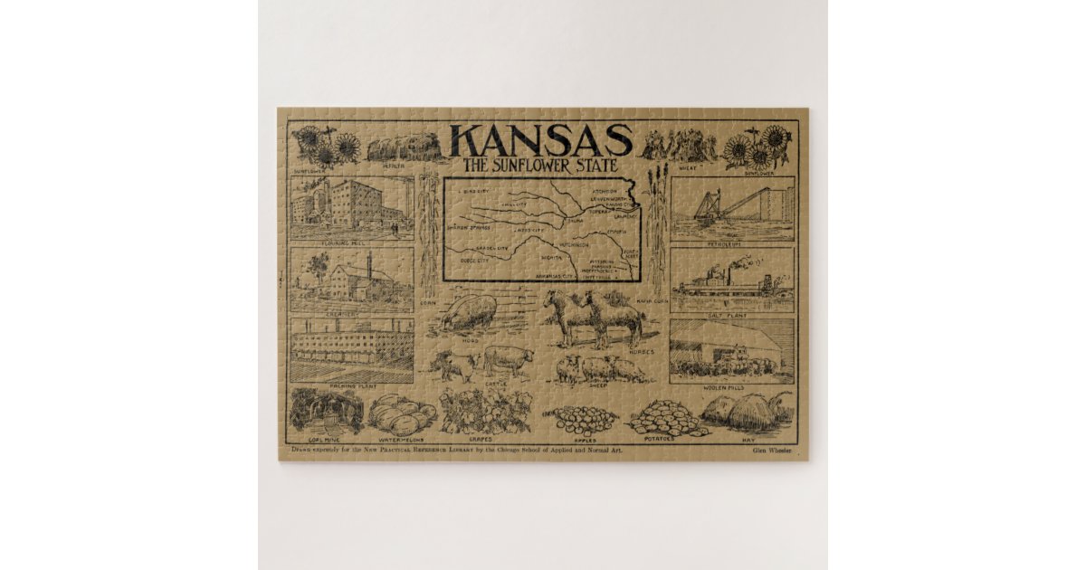 Vintage Illustrative Map of Kansas (1912) - Tan Jigsaw Puzzle | Zazzle