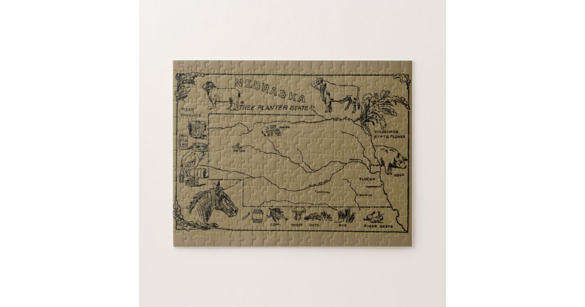 Vintage Illustrative Map of Nebraska (1912) - Tan Jigsaw Puzzle | Zazzle