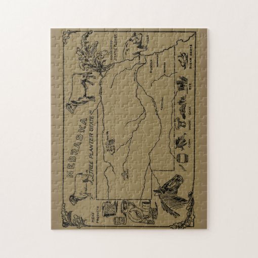 Vintage Illustrative Map of Nebraska (1912) - Tan Jigsaw Puzzle | Zazzle