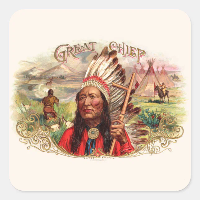 Vintage Indian Great Chief Cigar Box Square Sticker | Zazzle