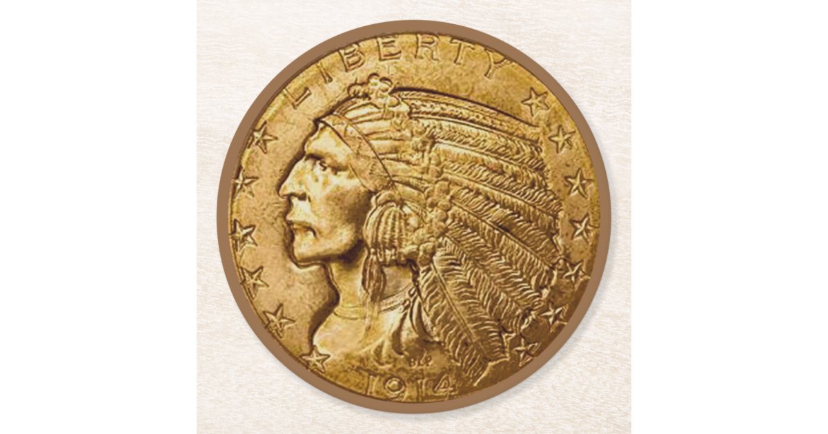Vintage Indian Head Liberty Gold Coin Round Paper Coaster | Zazzle
