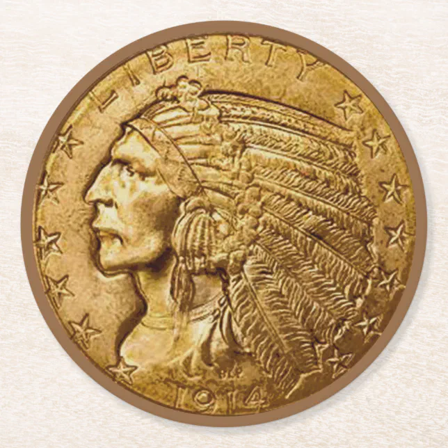 Vintage Indian Head Liberty Gold Coin Round Paper Coaster | Zazzle