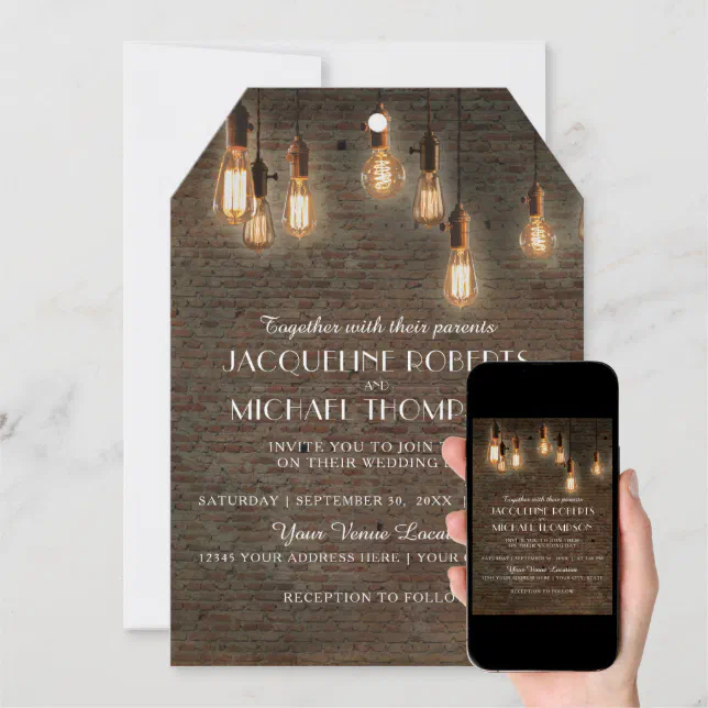 Vintage Industrial Warehouse Brick Edison Lights Invitation | Zazzle