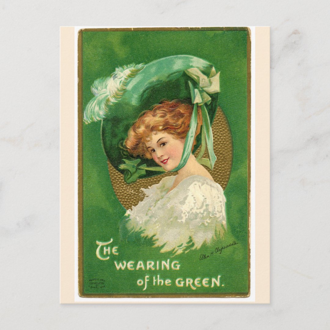 Vintage Irish Lady in Big Hat Wearing of the Green Postcard | Zazzle