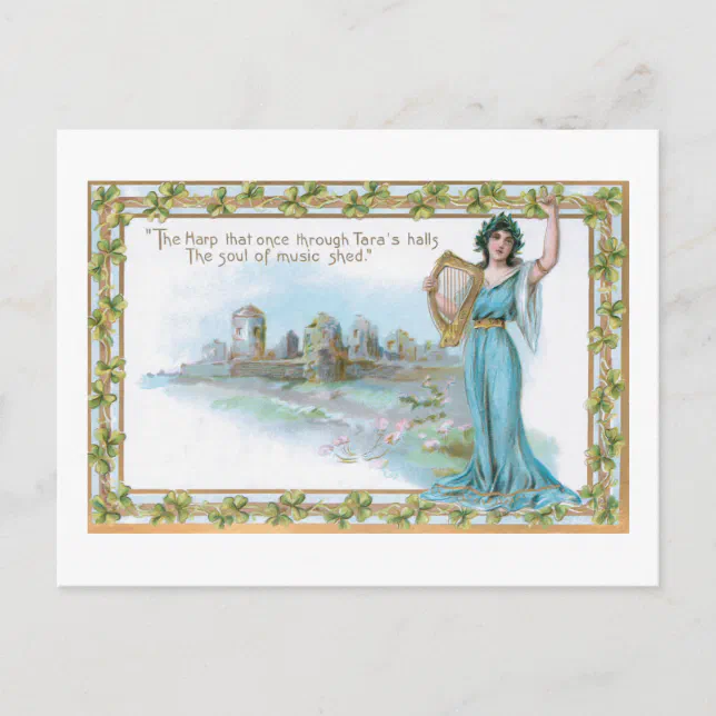 Vintage Irish Lady with Harp & Shamrock Border Holiday Postcard | Zazzle