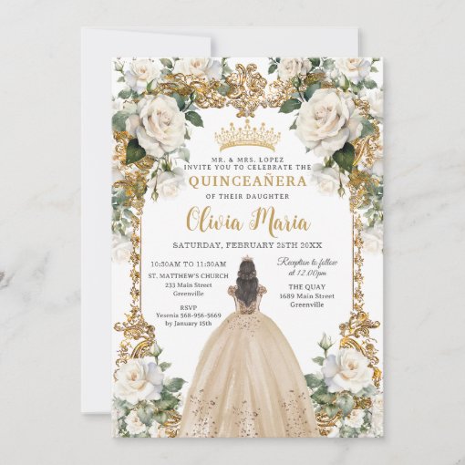 Vintage Ivory Champagne Floral Dress Quinceanera Invitation | Zazzle