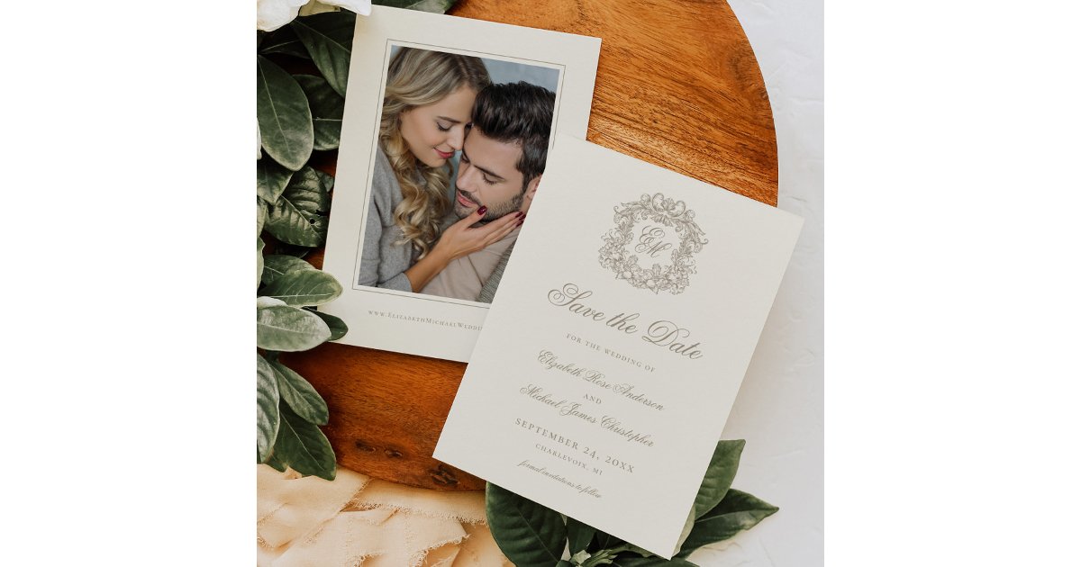 Vintage Ivory Crest Monogram Wedding Photo Save The Date | Zazzle