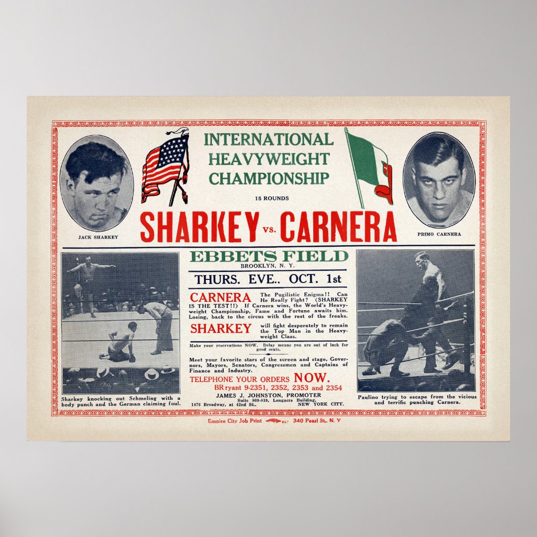 Vintage Jack Sharkey vs Primo Carnera Boxing Poster | Zazzle
