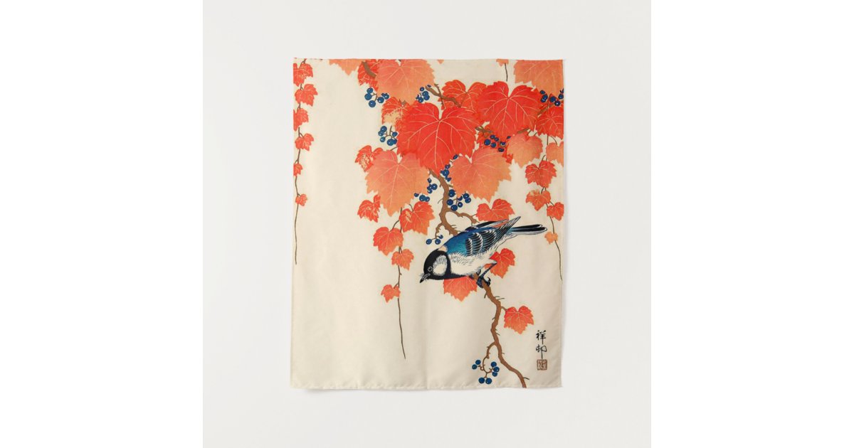 Vintage Japanese Bird and Autumn Grapevine Tapestry | Zazzle
