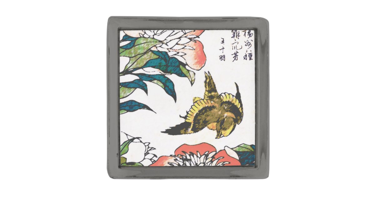 Vintage Japanese drawing, Peonies and Sparrow Gunmetal Finish Lapel Pin ...