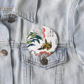 Vintage Japanese drawing, Peonies and Sparrow Pinback Button | Zazzle