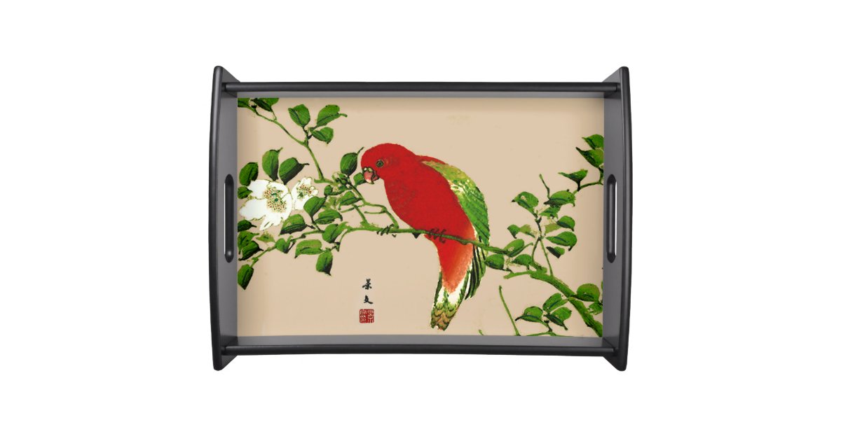 Vintage Japanese Painting of a Parrot, Red & Green Serving Tray | Zazzle