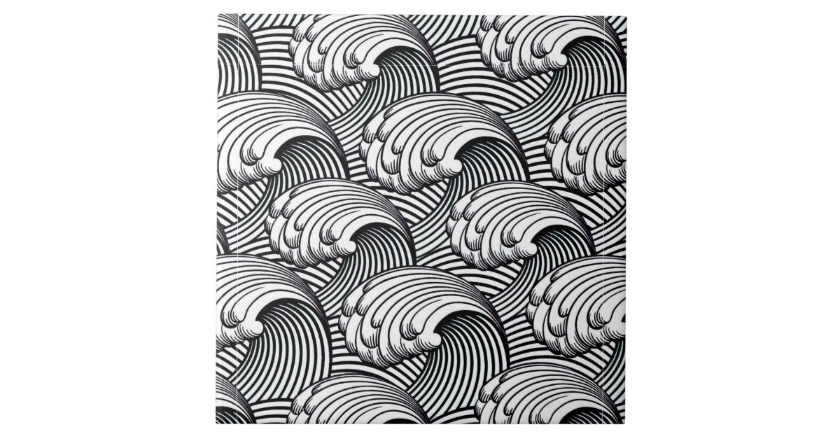 Vintage Japanese Waves, Black and White Ceramic Tile | Zazzle