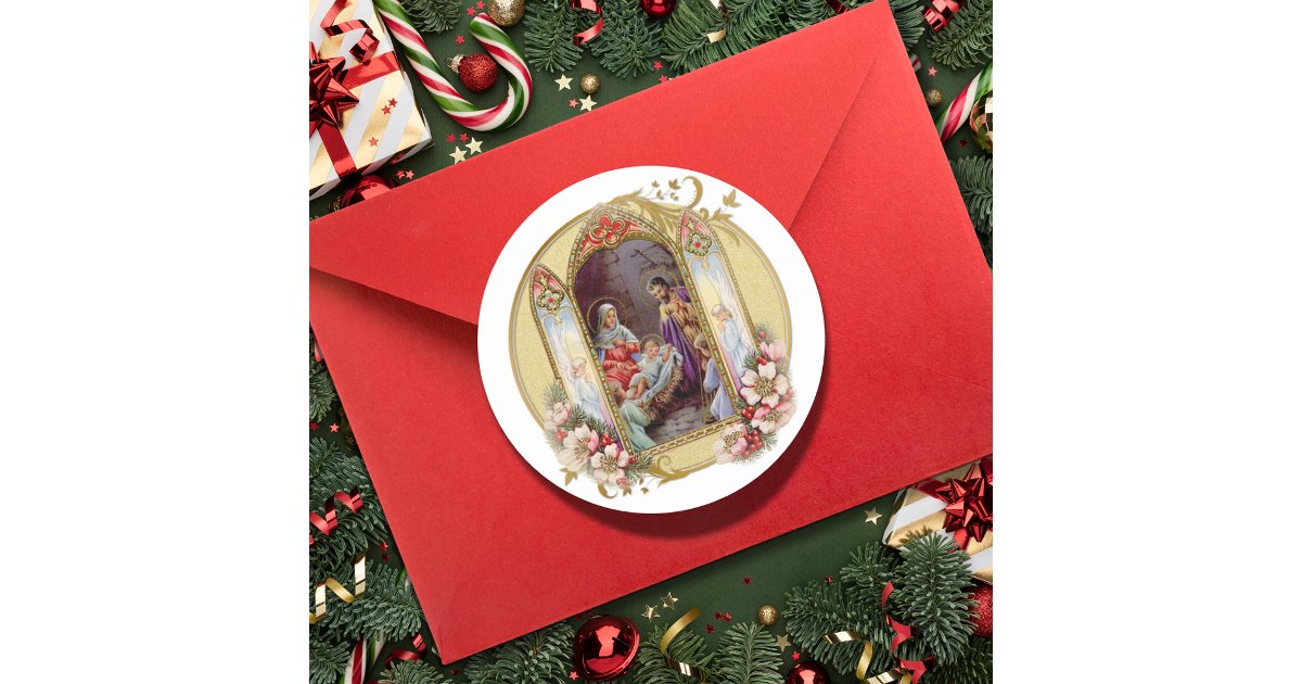 Vintage Jesus Mary Joseph Nativity Floral Holiday Classic Round Sticker ...
