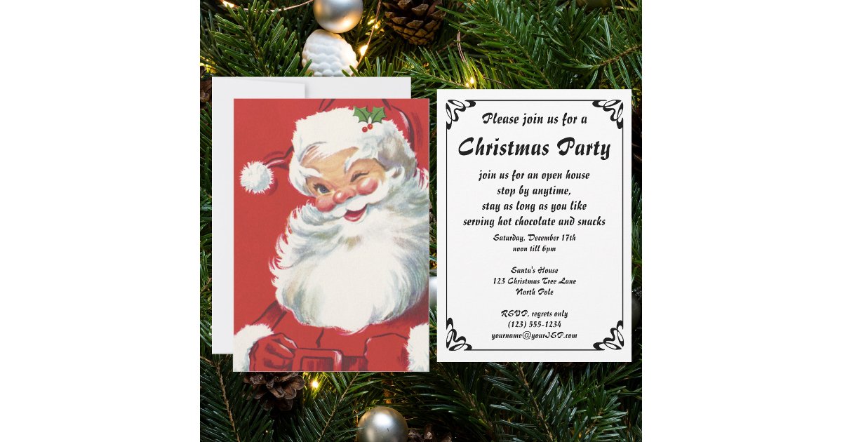 Vintage Jolly Winking Santa Claus, Christmas Party Invitation | Zazzle