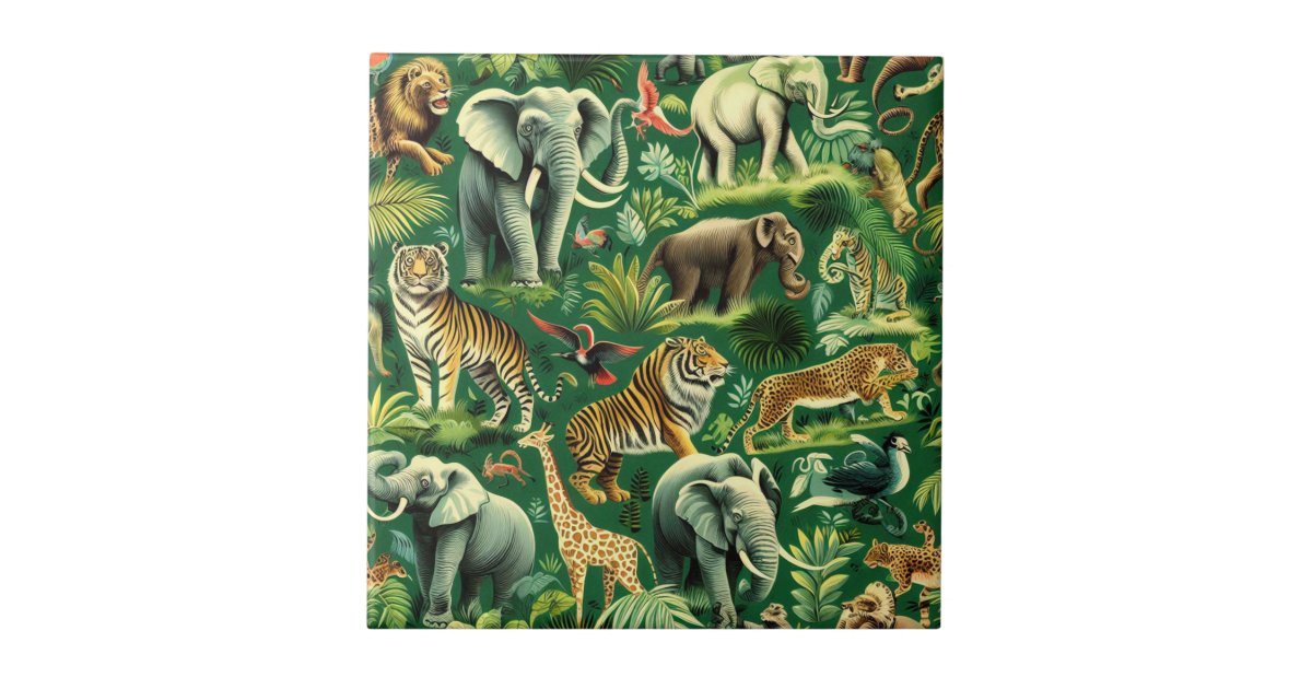 Vintage Jungle Animals Pattern Ceramic Tile | Zazzle