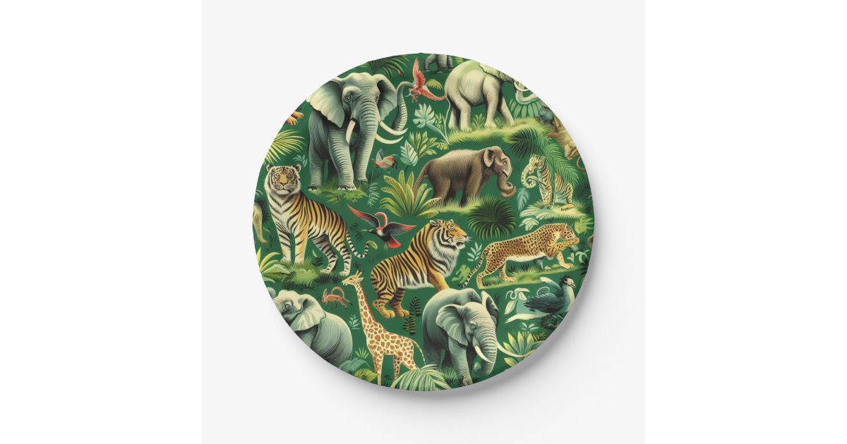 Vintage Jungle Animals Pattern Paper Plates | Zazzle