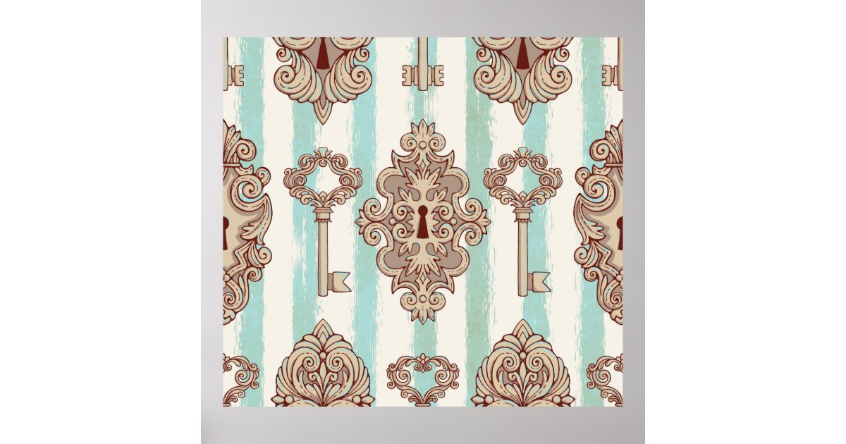 Vintage keys, locks: freehand pattern. poster | Zazzle