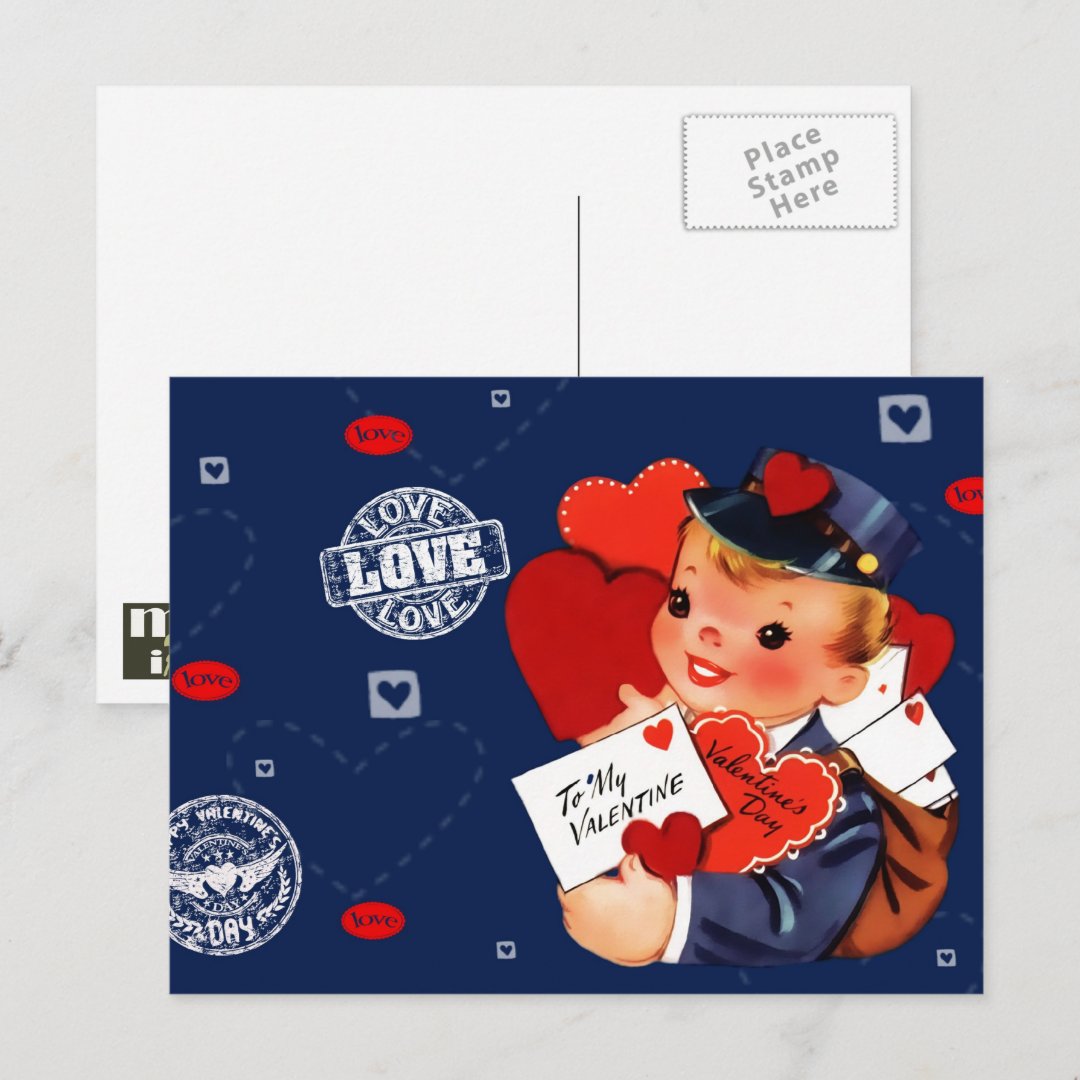 Vintage Kid Postman Valentine's Day Postcards | Zazzle