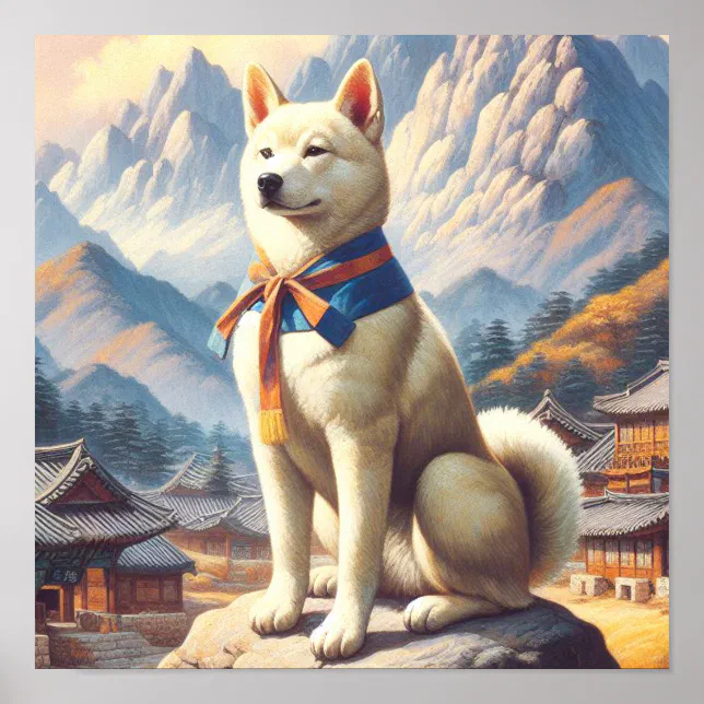 Vintage Korean Jindo Illustration Poster | Zazzle