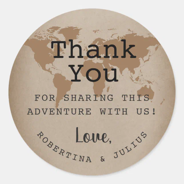 Vintage Kraft. World Map Travel Theme Thank You Classic Round Sticker ...