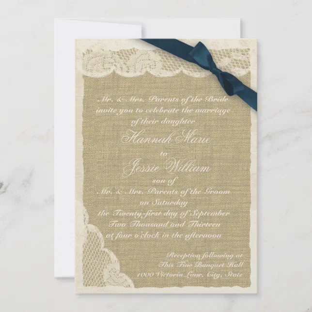 Vintage Lace and Burlap Navy Blue Ribbon Invitation | Zazzle