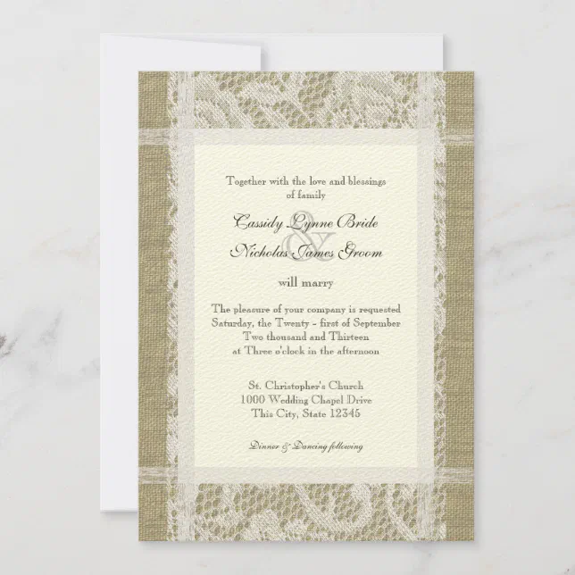 Vintage Lace and Burlap on Felt Paper 7x5 Wedding Invitation | Zazzle