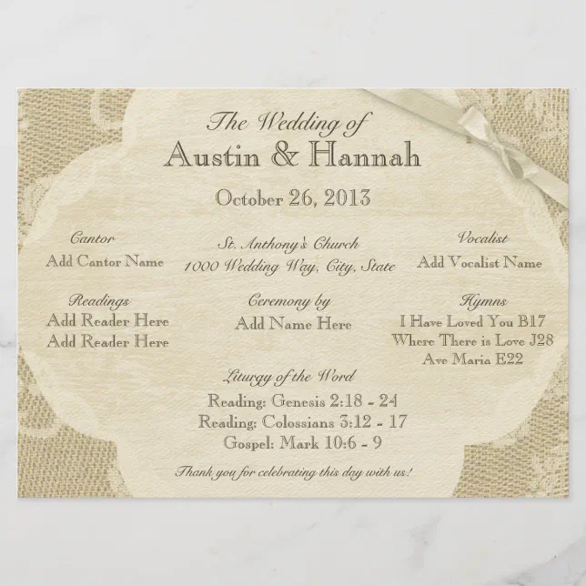 Vintage Lace and Burlap Wedding Program Card | Zazzle