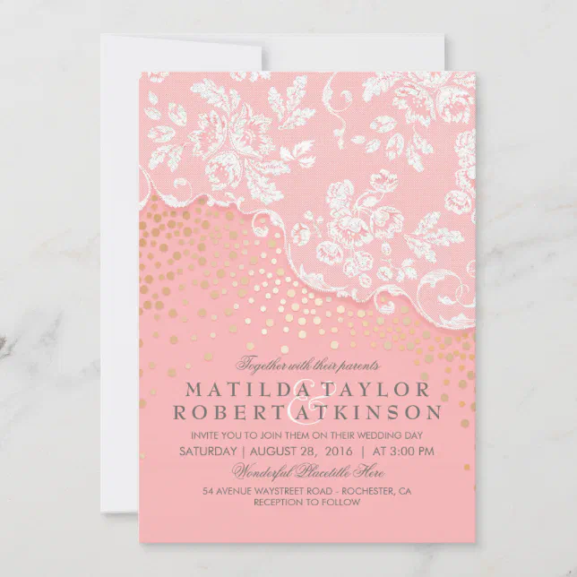 Vintage Lace Gold Confetti Pink Wedding Invitation | Zazzle