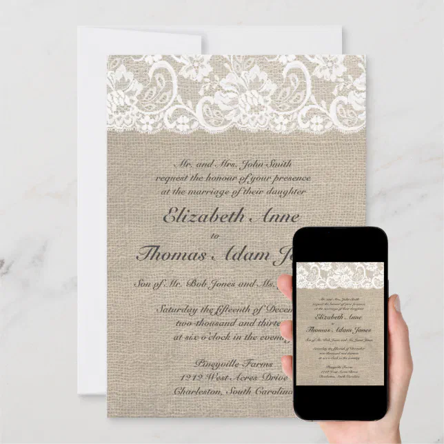 Vintage Lace Look & Burlap Look Wedding Invitation | Zazzle