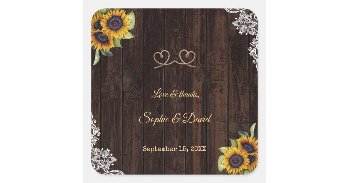Vintage Lace Rope We Tied The Knot Sunflowers Square Sticker | Zazzle