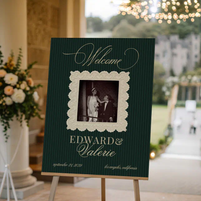 Vintage Lace Stripes Old Money Photo Welcome Sign | Zazzle