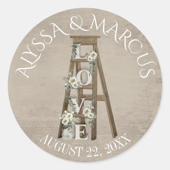 Vintage Ladder and Lantern Rustic Barn Wedding Cl Classic Round Sticker ...