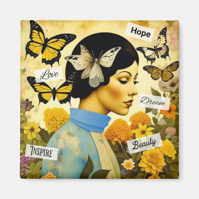 Vintage Lady, Butterflies, Flowers and Inspiring Magnet | Zazzle
