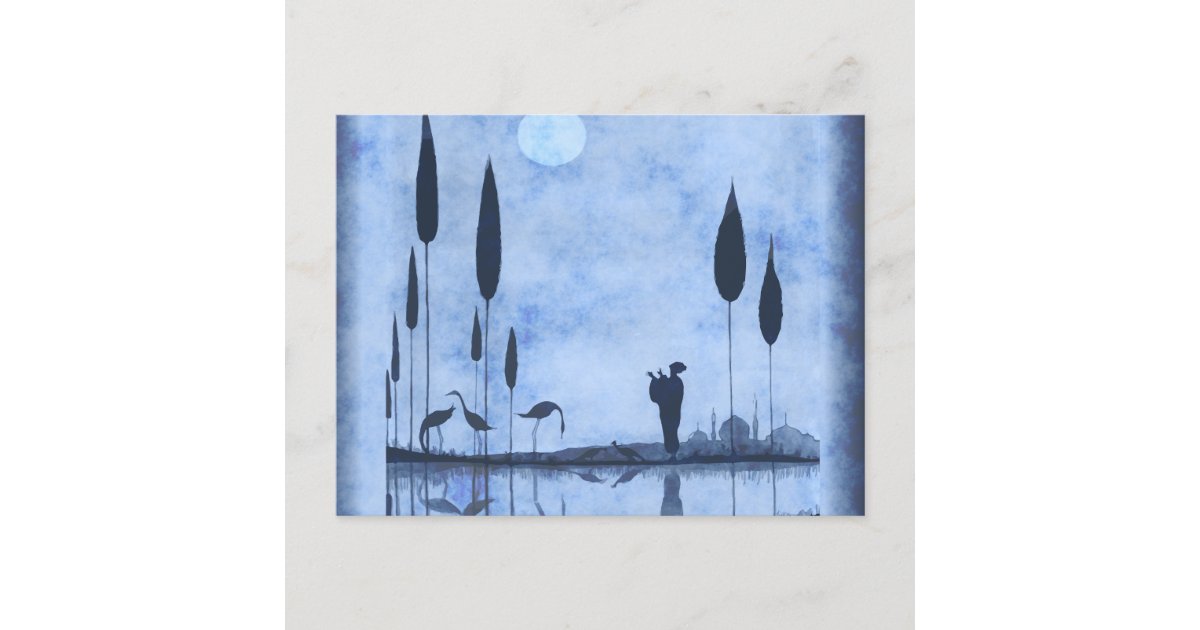 Vintage Lady & Flamingos On Moonlit Lake Postcard | Zazzle