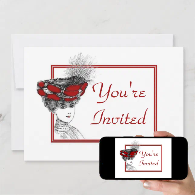 Vintage Lady In Red Hat Invitation | Zazzle
