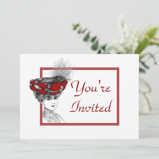 Vintage Lady In Red Hat Invitation | Zazzle