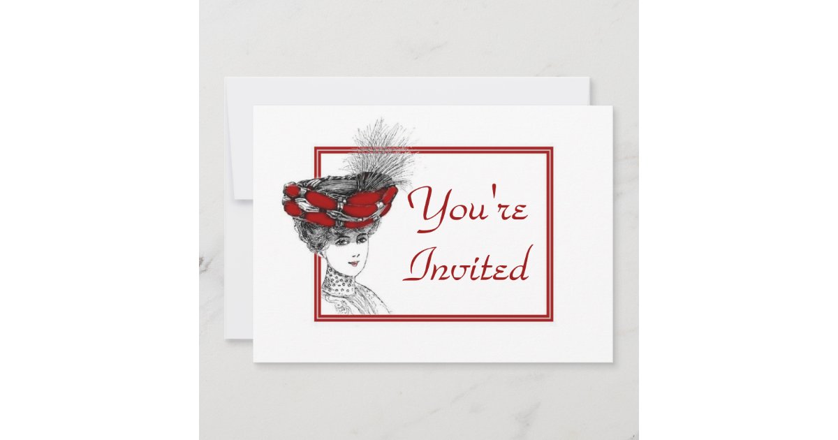 Vintage Lady In Red Hat Invitation | Zazzle