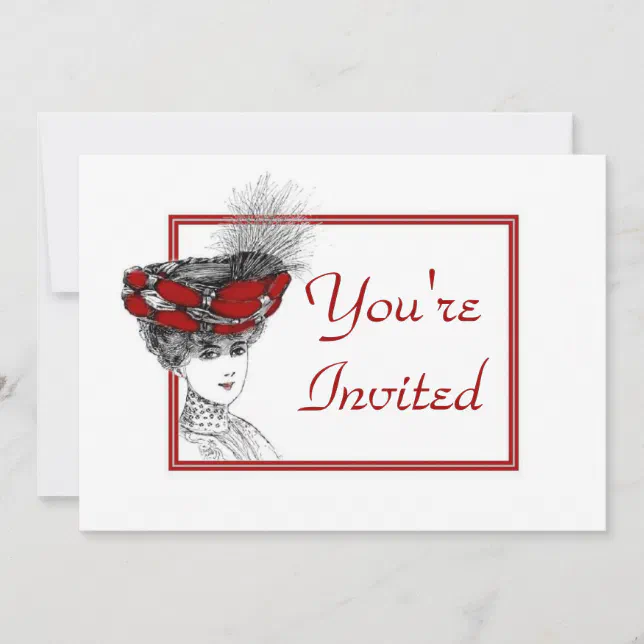 Vintage Lady In Red Hat Invitation | Zazzle