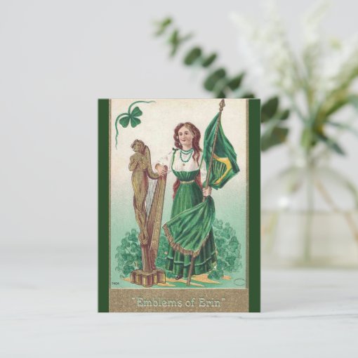 Vintage Lady With Harp and Flag Emblems of Erin Postcard | Zazzle