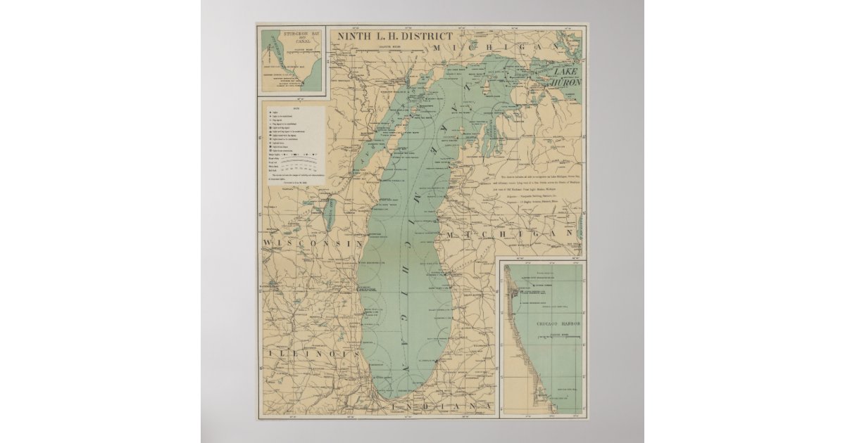 Vintage Lake Michigan Lighthouse Map (1898) Poster | Zazzle