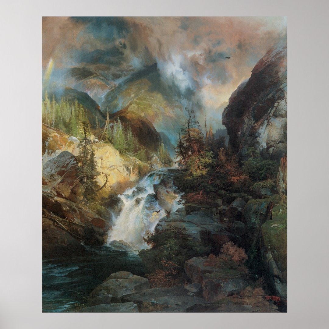 Vintage Landscape Waterfall in Mountains by Moran Poster | Zazzle